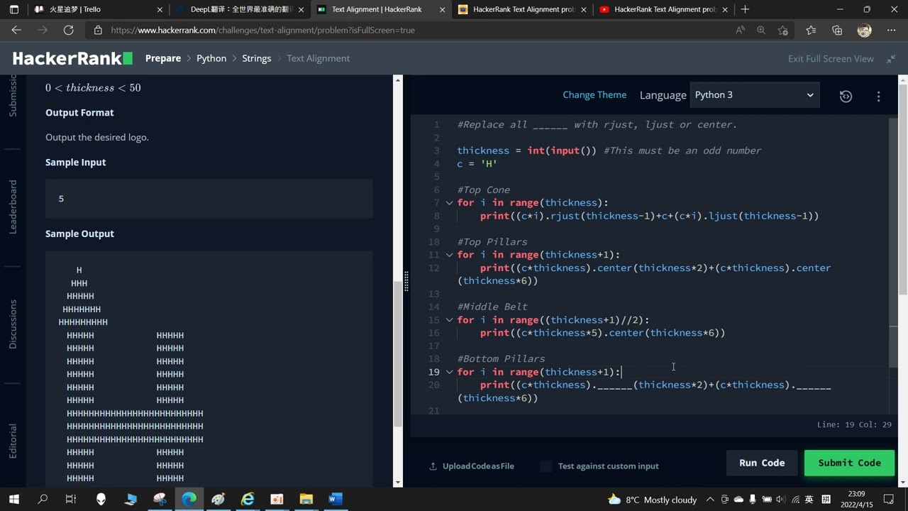 Text Alignment in Python HackerRank Challenge