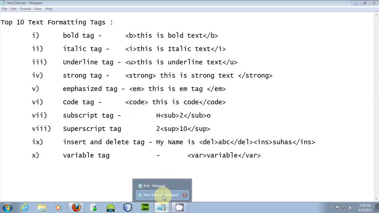 Html Tutorial 2017 - 03 tutorial - Top 10 Text Formatting Tags in html
