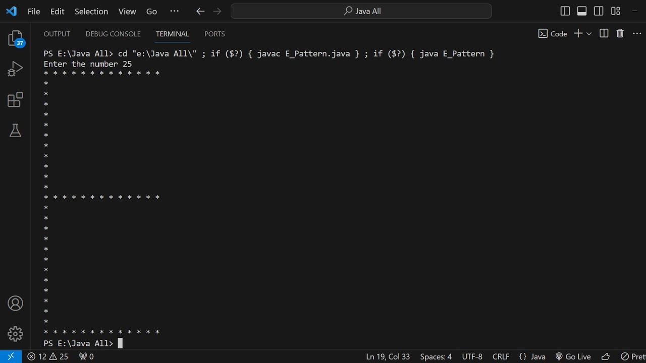 Java Program E Pattern Print User Input For Visual Studio Code (VS Code) #coding