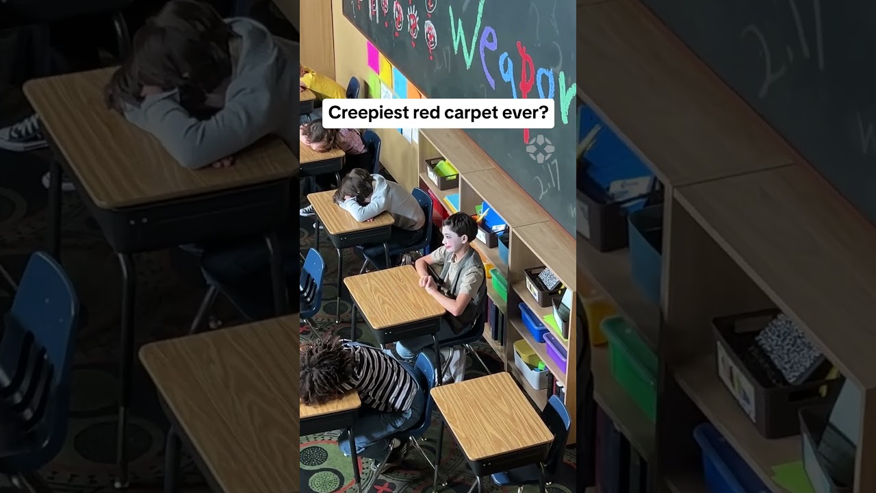 The Weapons red carpet had children at school desks. #weaponsmovie #scary #movie #redcarpet #ign