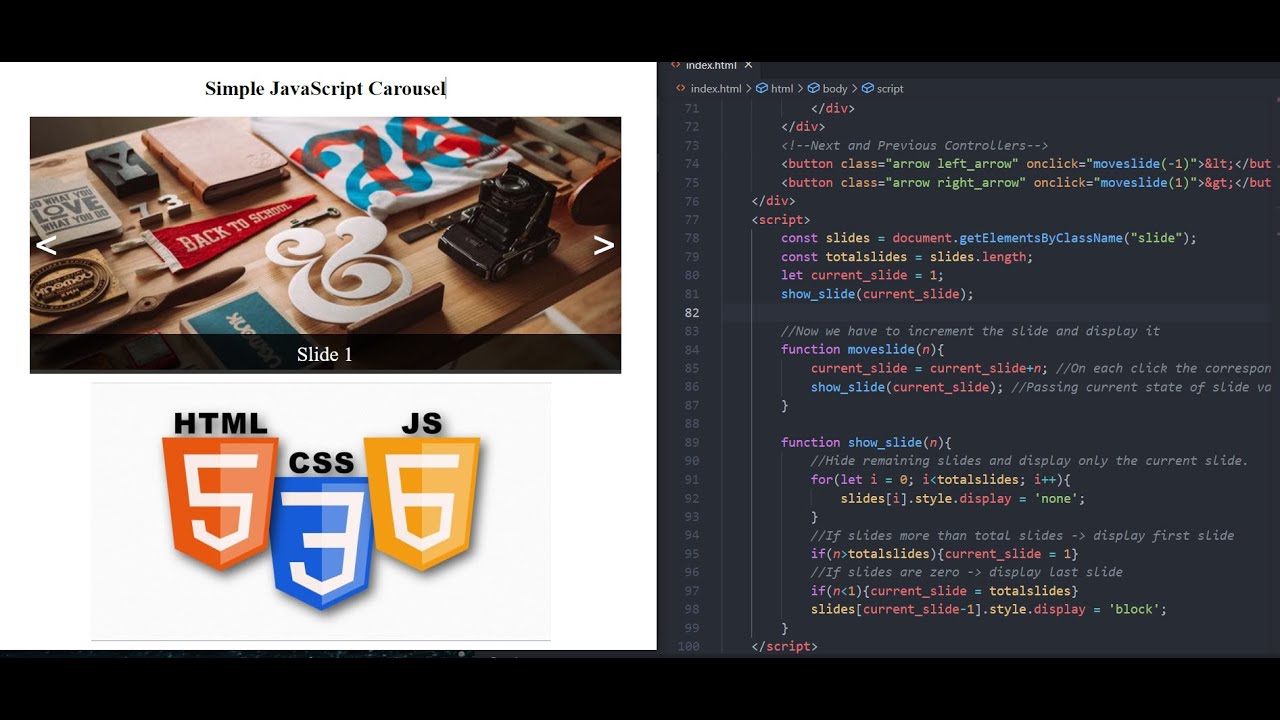 HTML, CSS, JavaScript Carousel or Images Slideshow, no jQuery and Bootstrap Dependencies