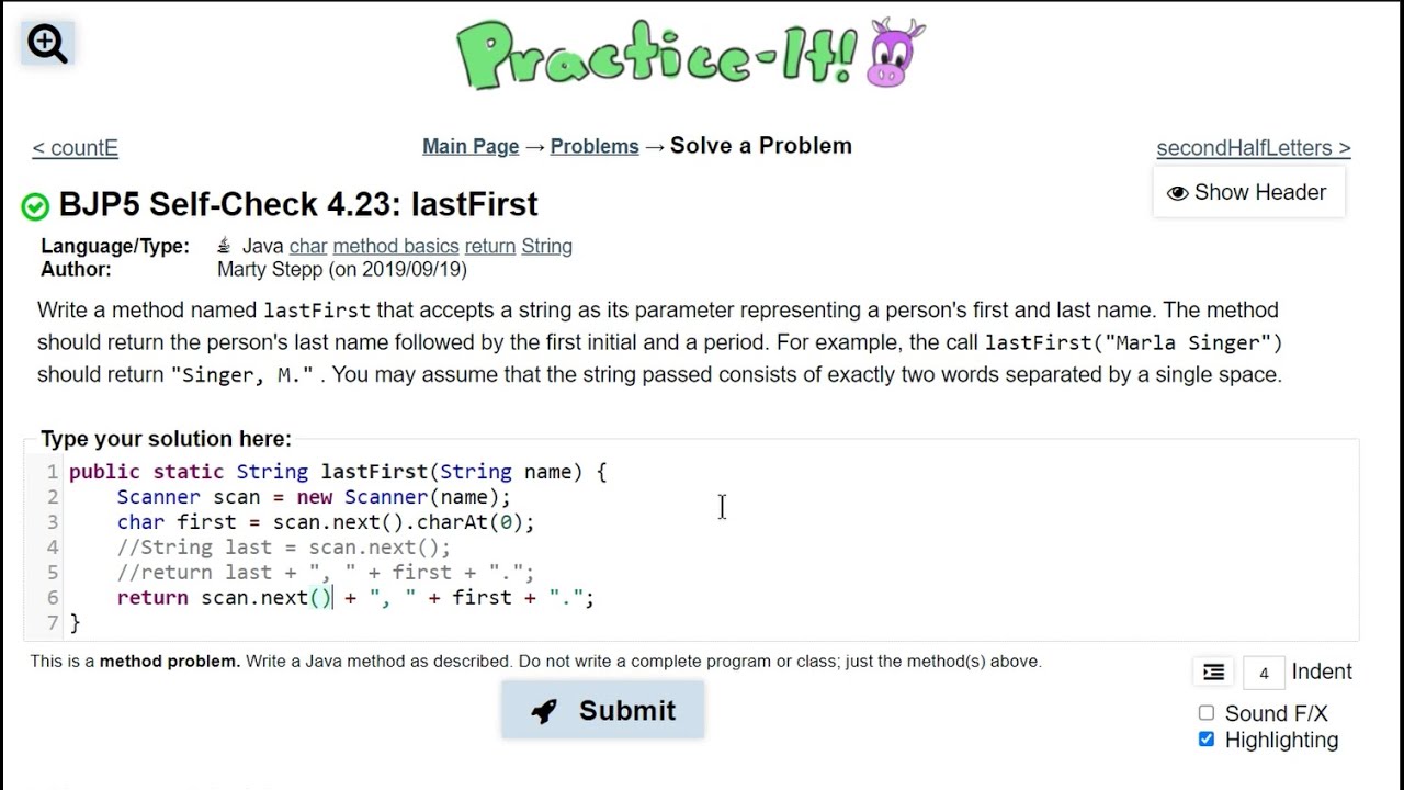 Java Practice It || 4.23 lastFirst || char, method basics, return, String