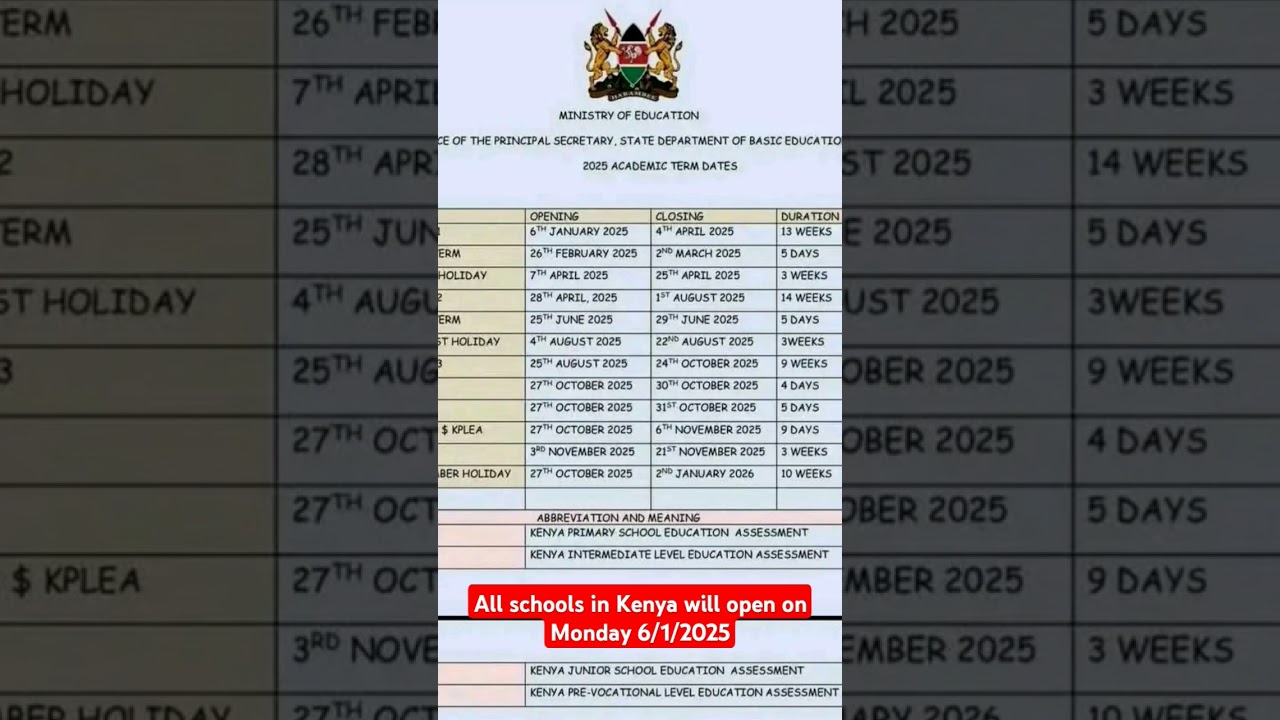 All schools in Kenya will open on Monday 5/1/2025
