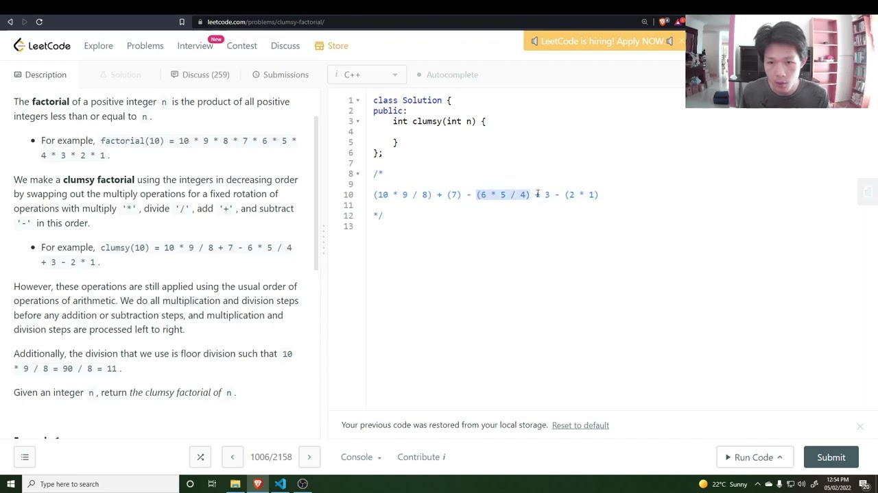 1006. (Medium) Clumsy Factorial - Daily Leetcode (Day 87)