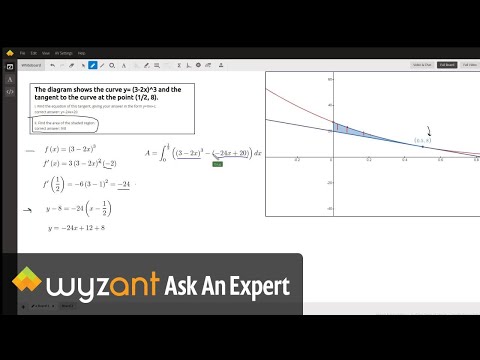 Given the function (3-2x)^3 find equation of tangent line at (1/2, 8) and the area of target region.