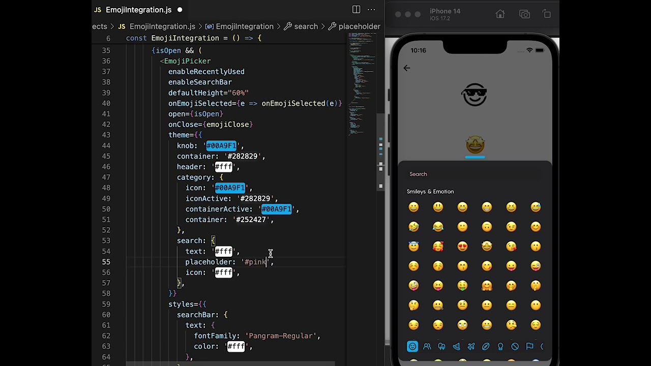 Showcasing rn-emoji-keyboard customizability and code in React Native