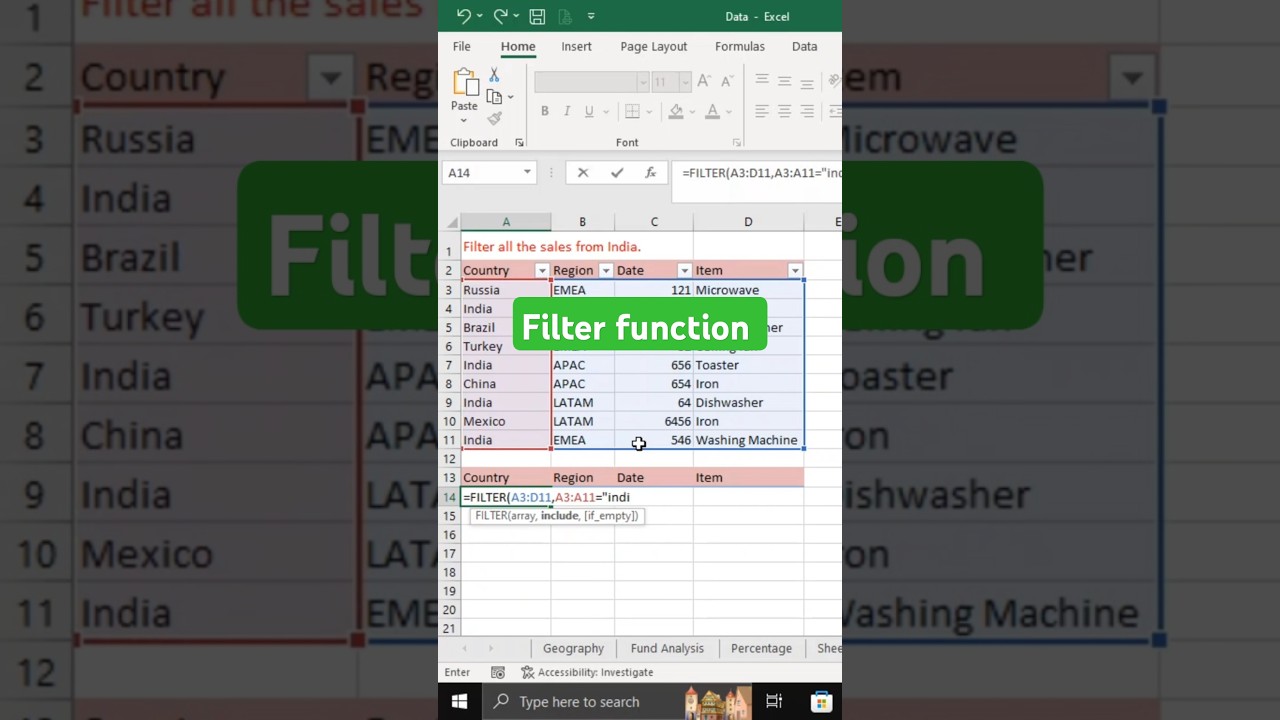 How to apply filter function in Excel