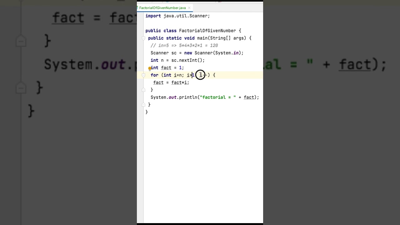 FIND FACTORIAL IN JAVA USING FOR LOOP  #program #javaclass #coding #javaprogram #ytshorts  #code