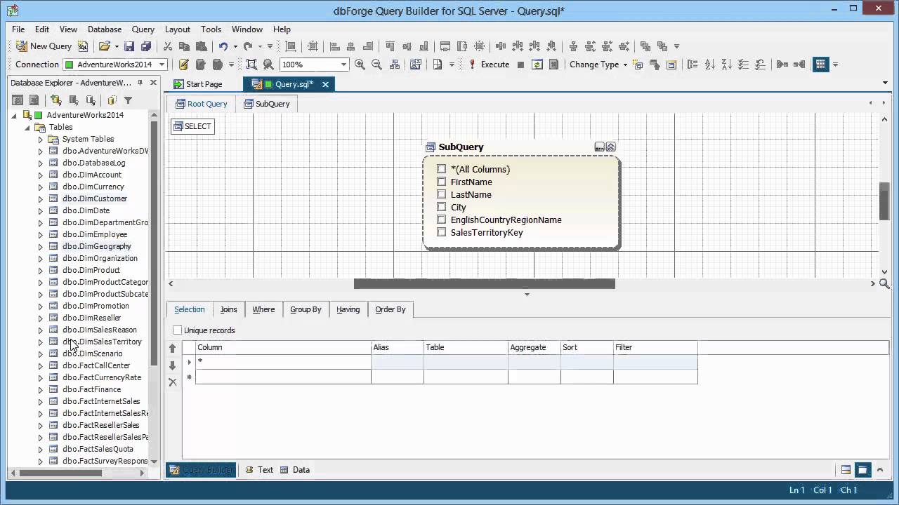 Designing SELECT Query using dbForge Query Builder for SQL Server