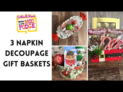 3 Christmas Napkin Decoupage Gift Baskets
