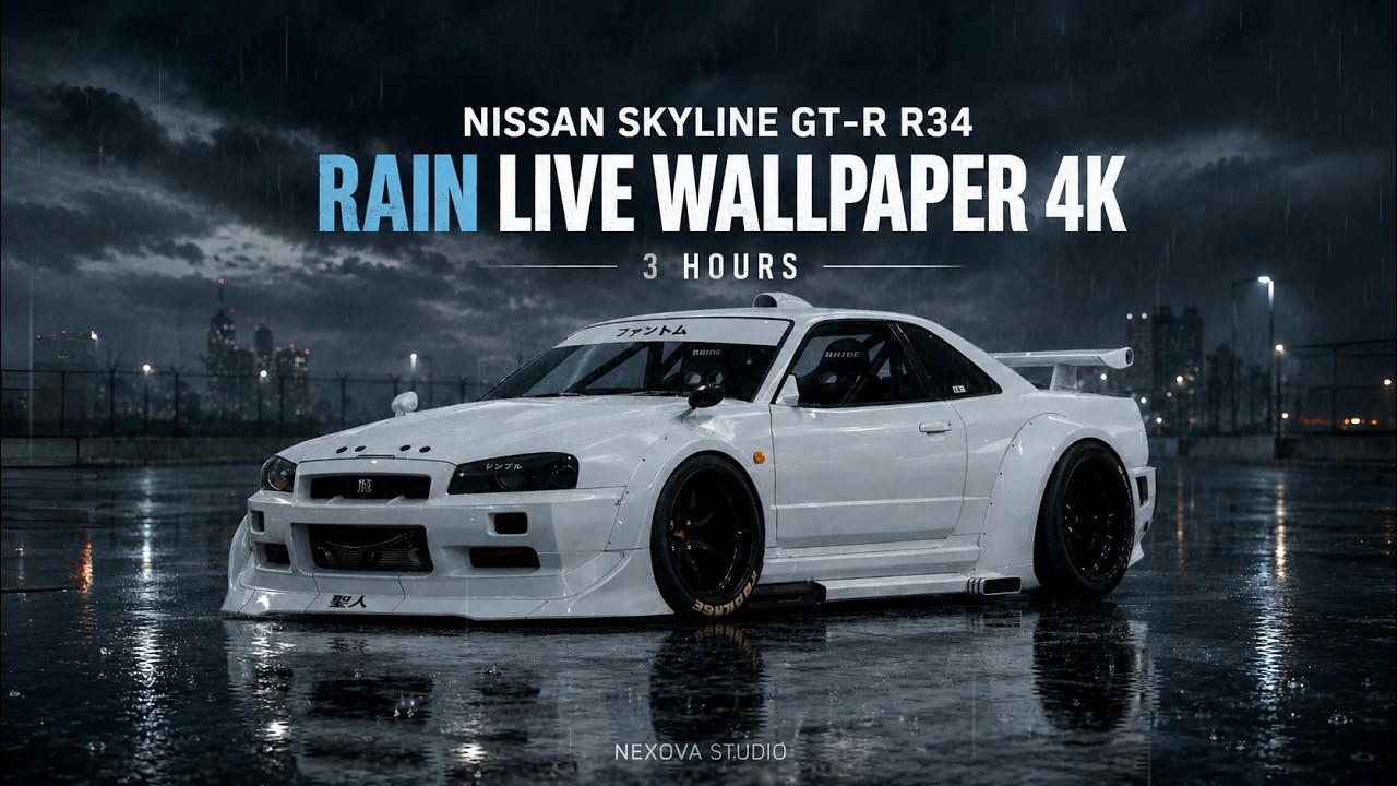 Nissan GTR R34 Rain Live Wallpaper 4K | Night Rain Ambient Background (3 Hours)