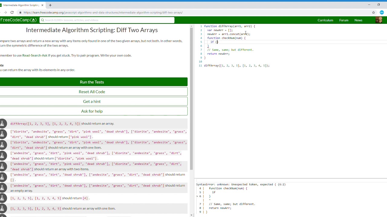 Intermediate Algorithm Scripting  Diff Two Arrays   Learn freeCodeCamp2/21