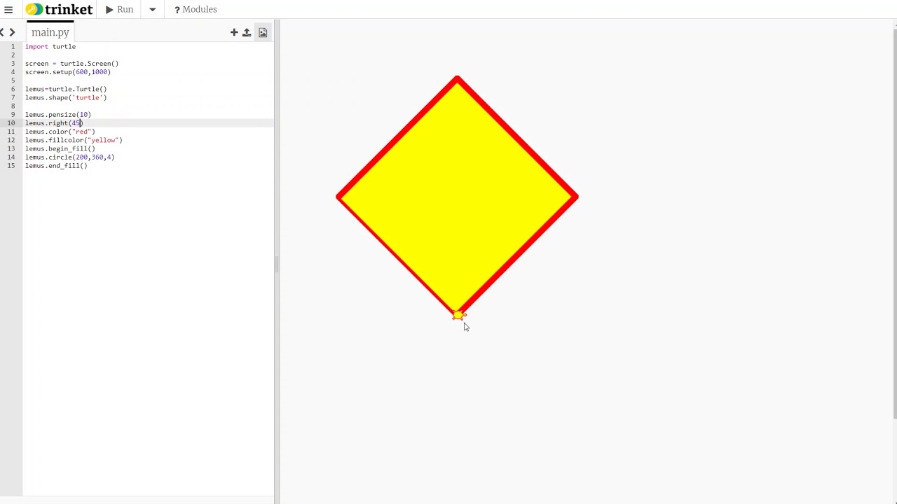 Trinket Python Turtle Lesson: Regular Polygons Using the Circle Function