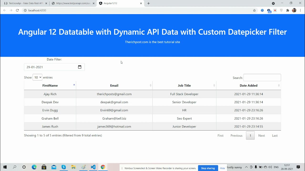 Angular 12 Datatable with Dynamic API Data with Custom Datepicker Filter