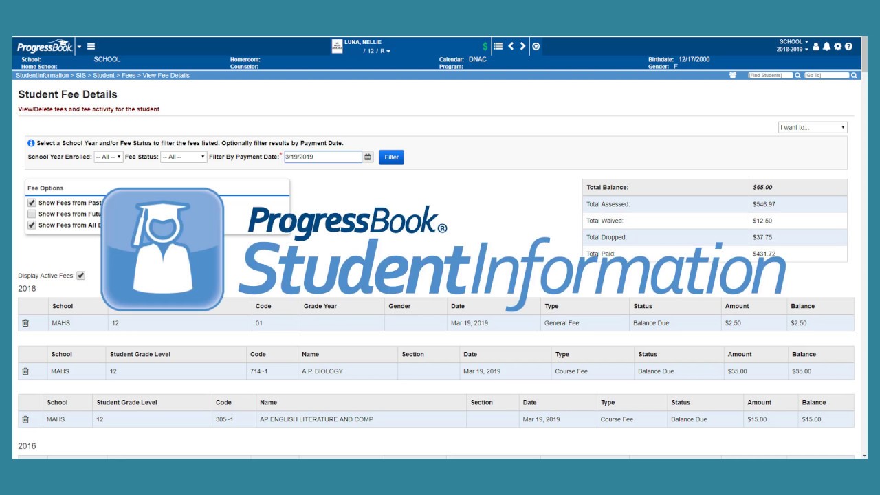 ProgressBook StudentInformation: Deleting a Fee