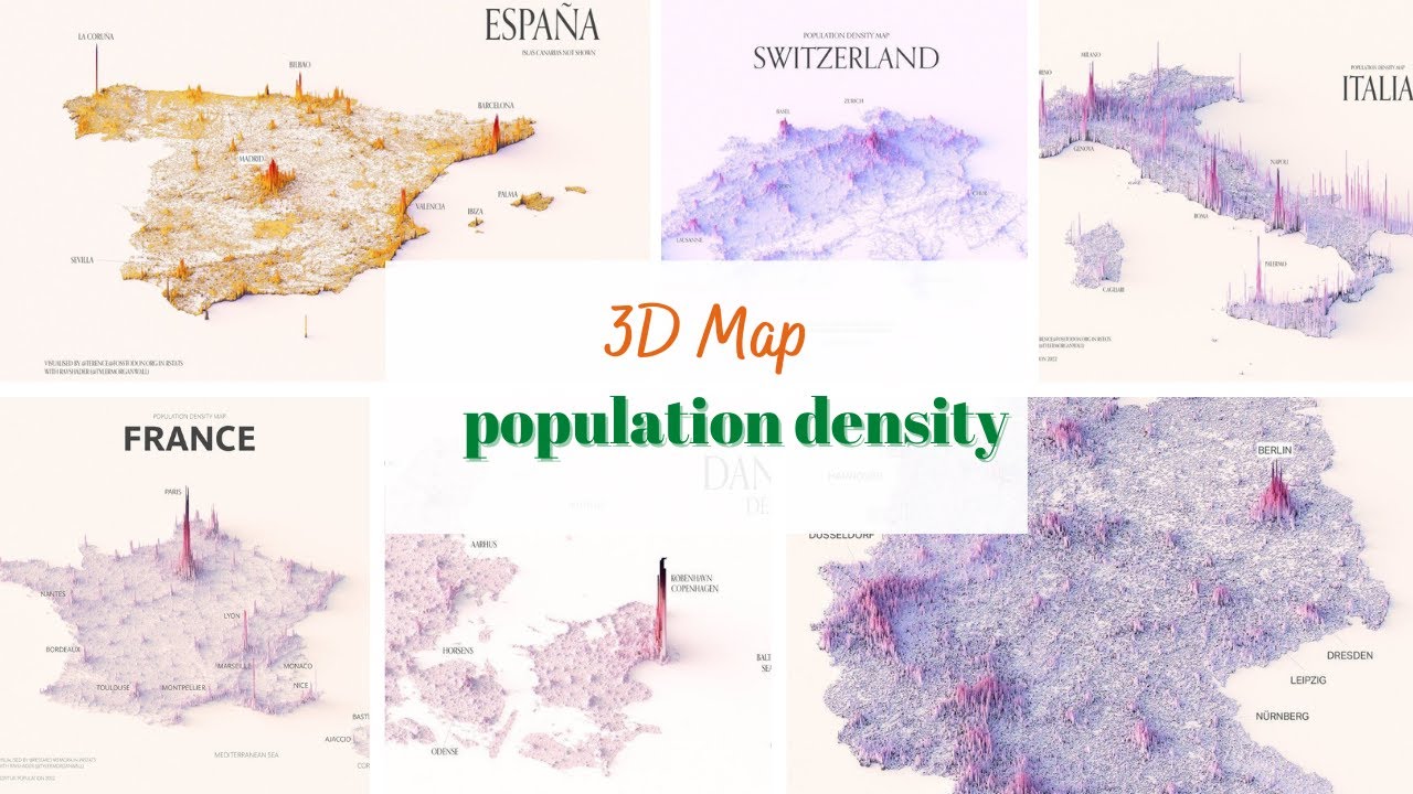 3D Map showing difference in population density of each country