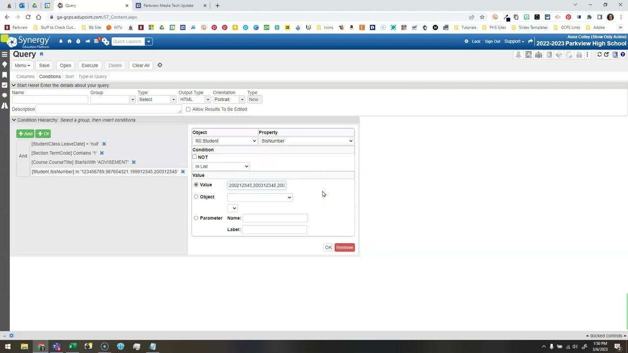 Synergy query conditions: paste a list of student IDs