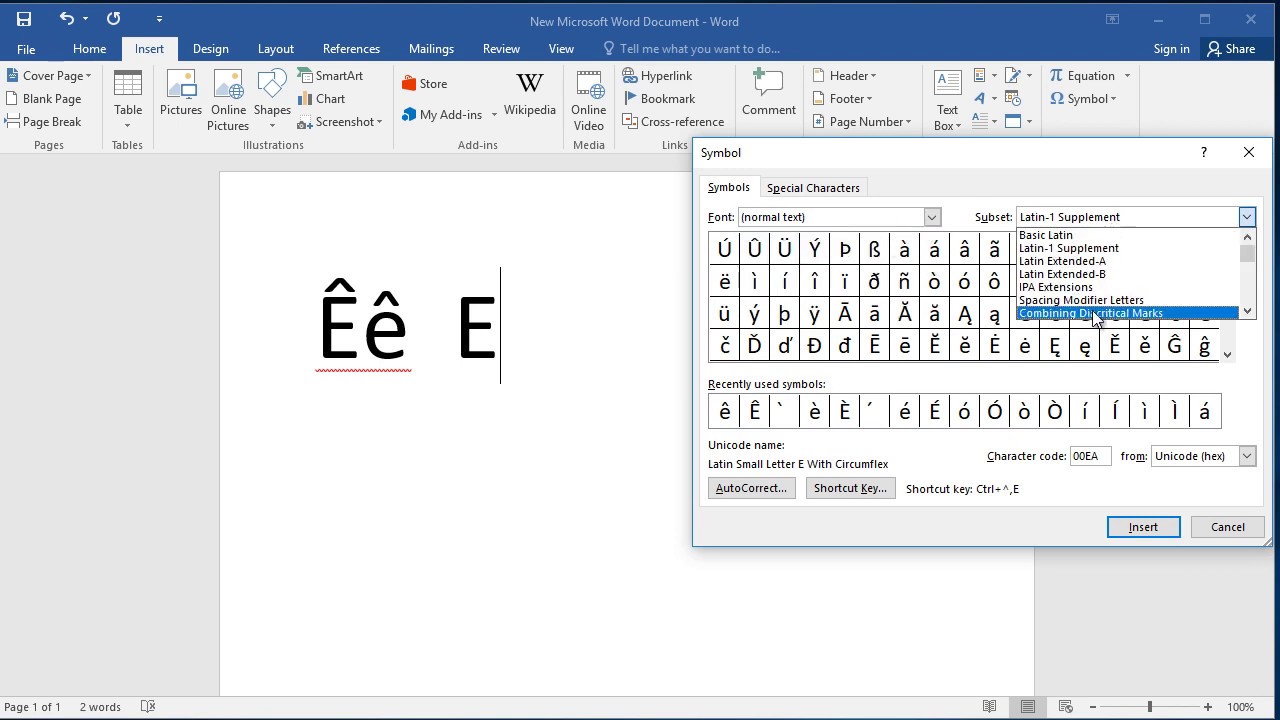 how to type letter E with Circumflex Accent in Word