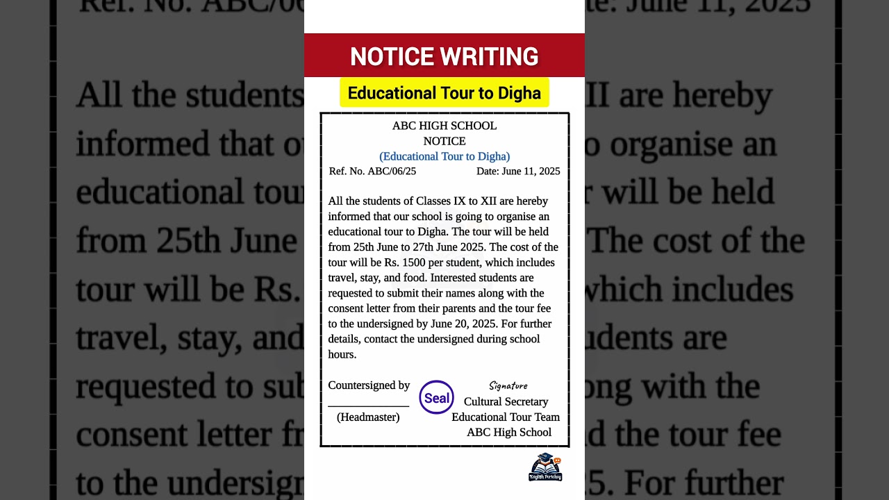 Educational Tour Notice Writing for Classes 9 to12 | Digha Tour | School Notice Format #education
