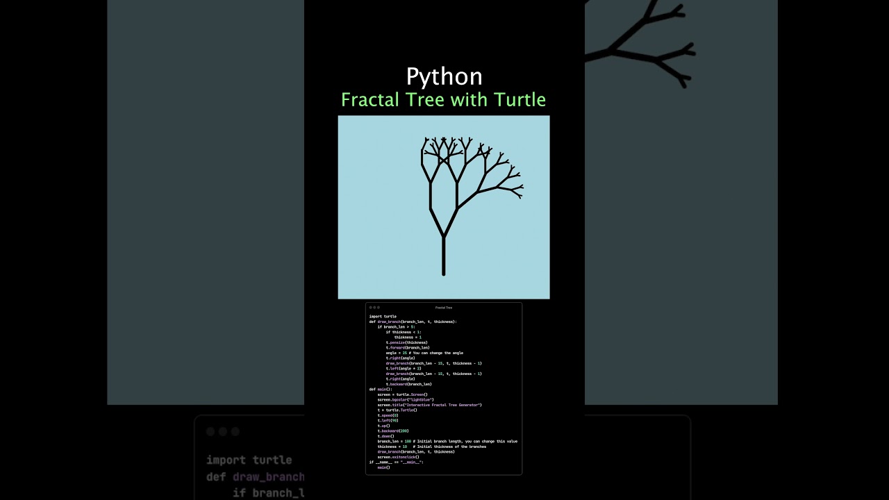 Grow Your Fractal Trees with Python's Interactive Fractal Tree Generator. #Python #Turtle #code