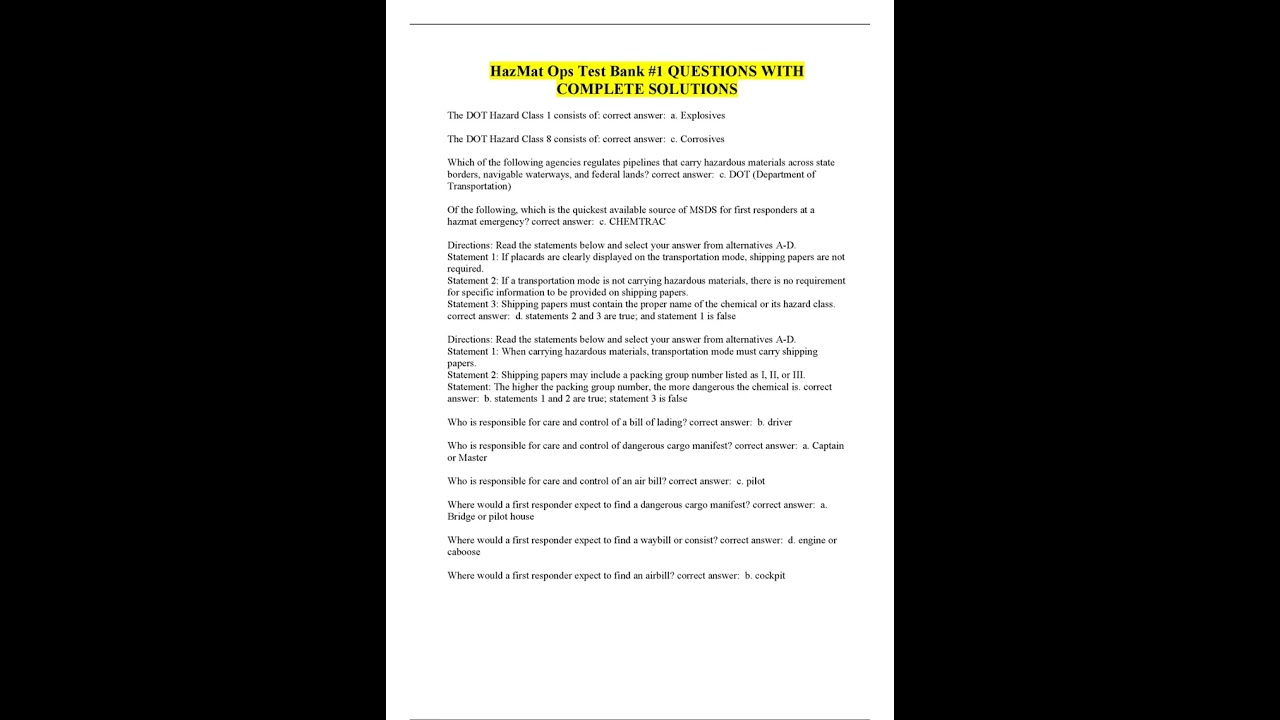 HazMat Ops Test Bank #1 QUESTIONS WITH COMPLETE SOLUTIONS