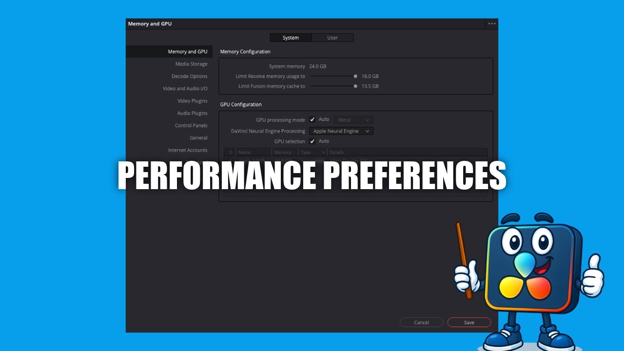 DaVinci Resolve Preferences – System Tab Performance Settings