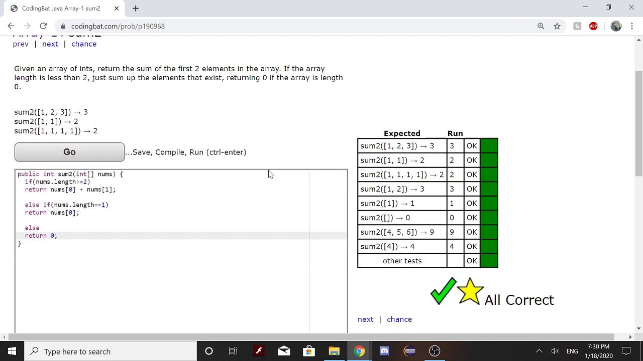 Array-1 (sum2) Java Tutorial || Codingbat.com