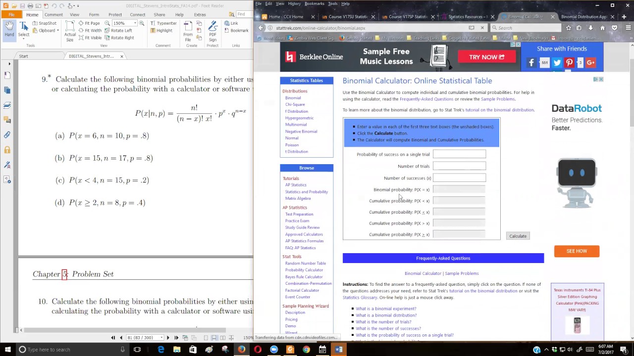 Using an applet for binomial probabilities