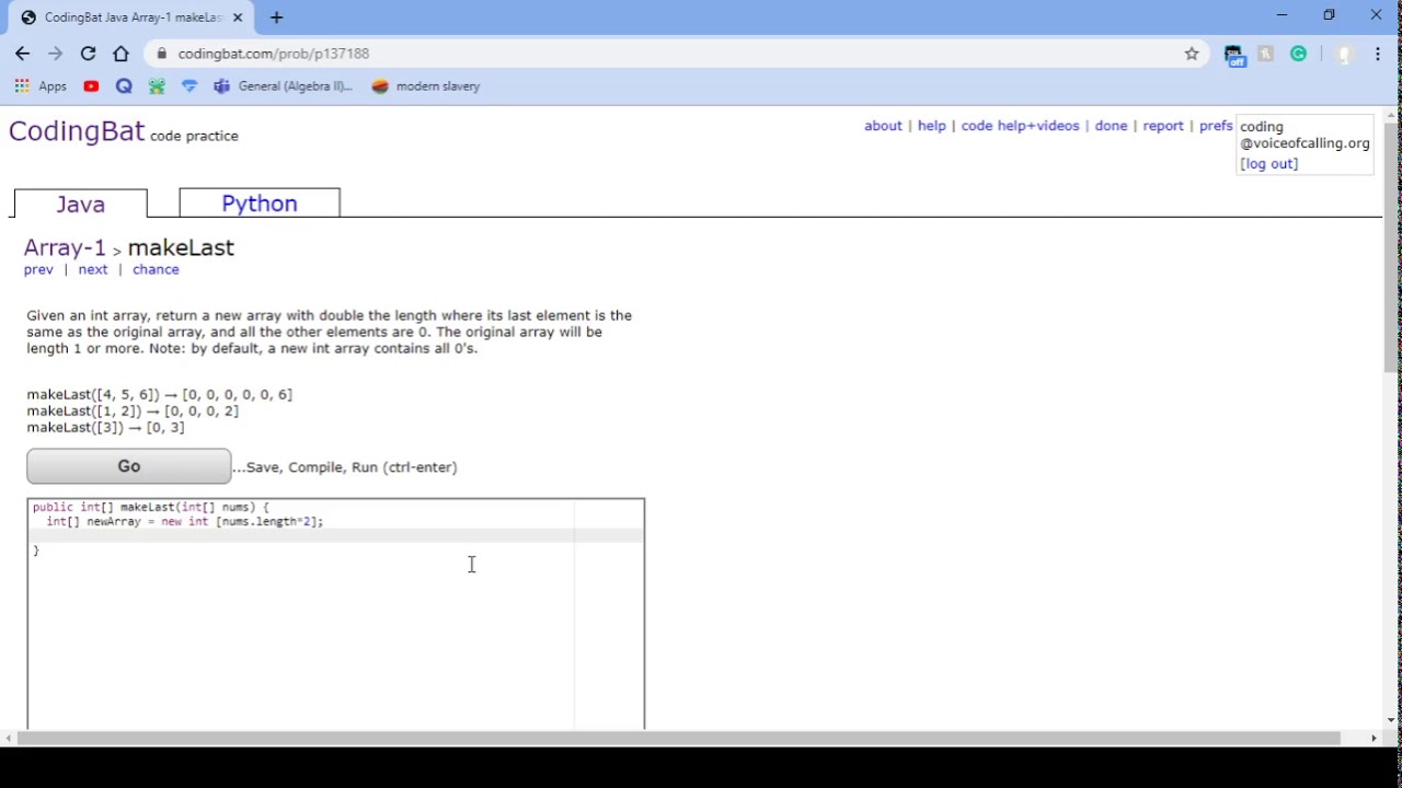 Array 1 (makeLast) Java Tutorial || codingbat.com