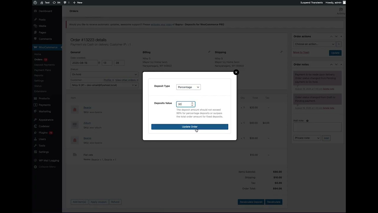 How to create and manage WooCommerce Deposits as an admin for customers?