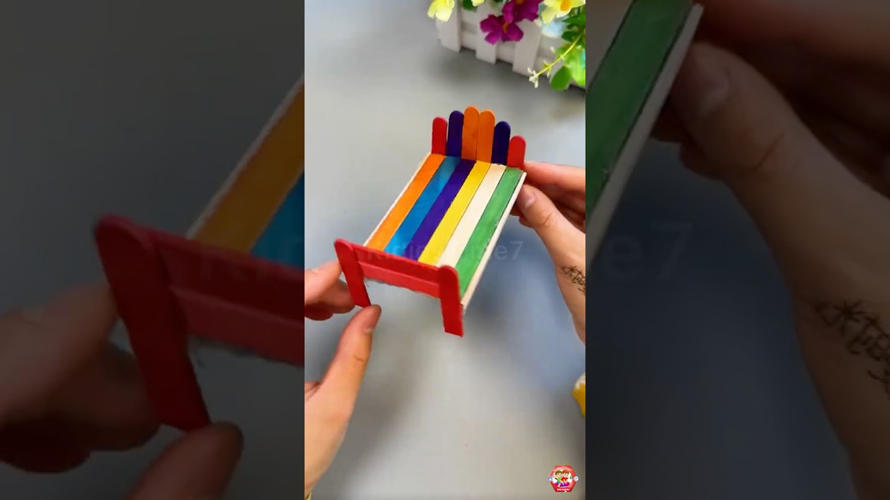 DIY Miniature Bed from Colorful Popsicle Sticks | Cute & Easy Craft Idea! kidiesTime7 #kidscraft