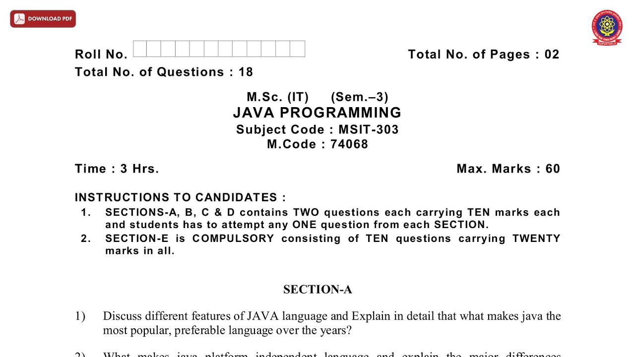 MSC 3RD SEM IT JAVA PROGRAMMING DEC 2020 | PTU