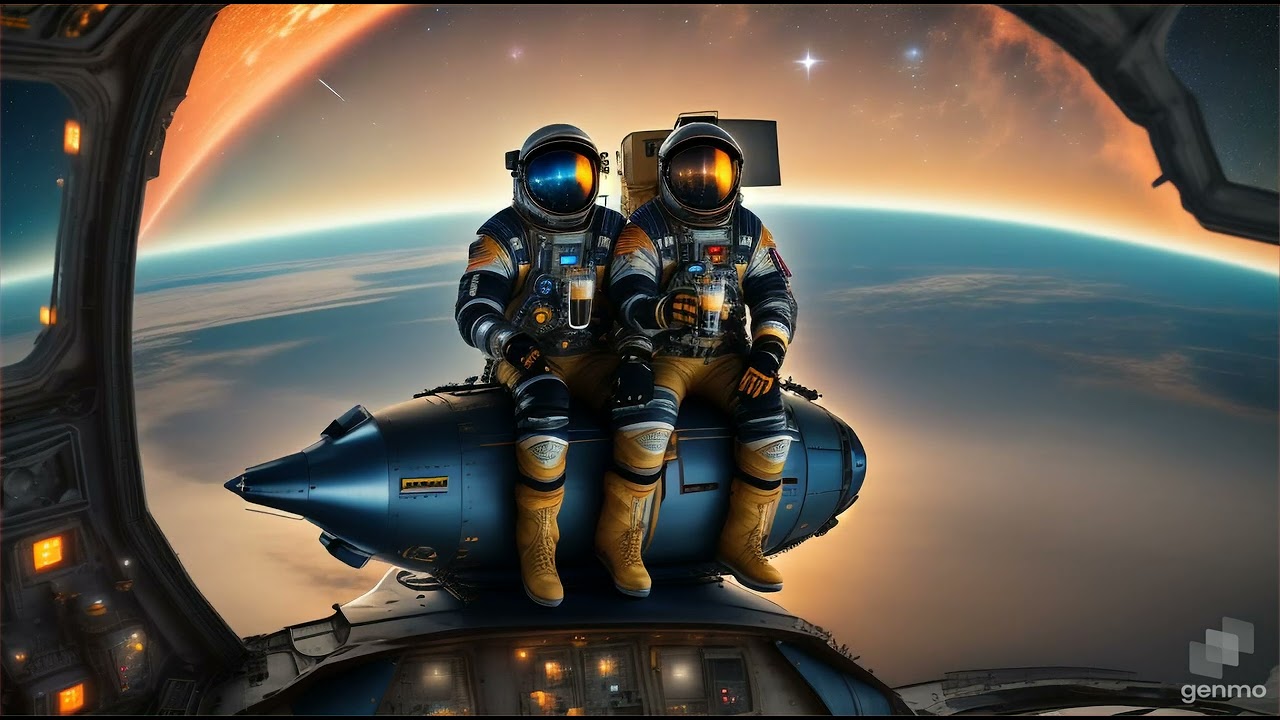 AI Image Prompt : Astronauts Drinking Beer over a moving Space Rocket
