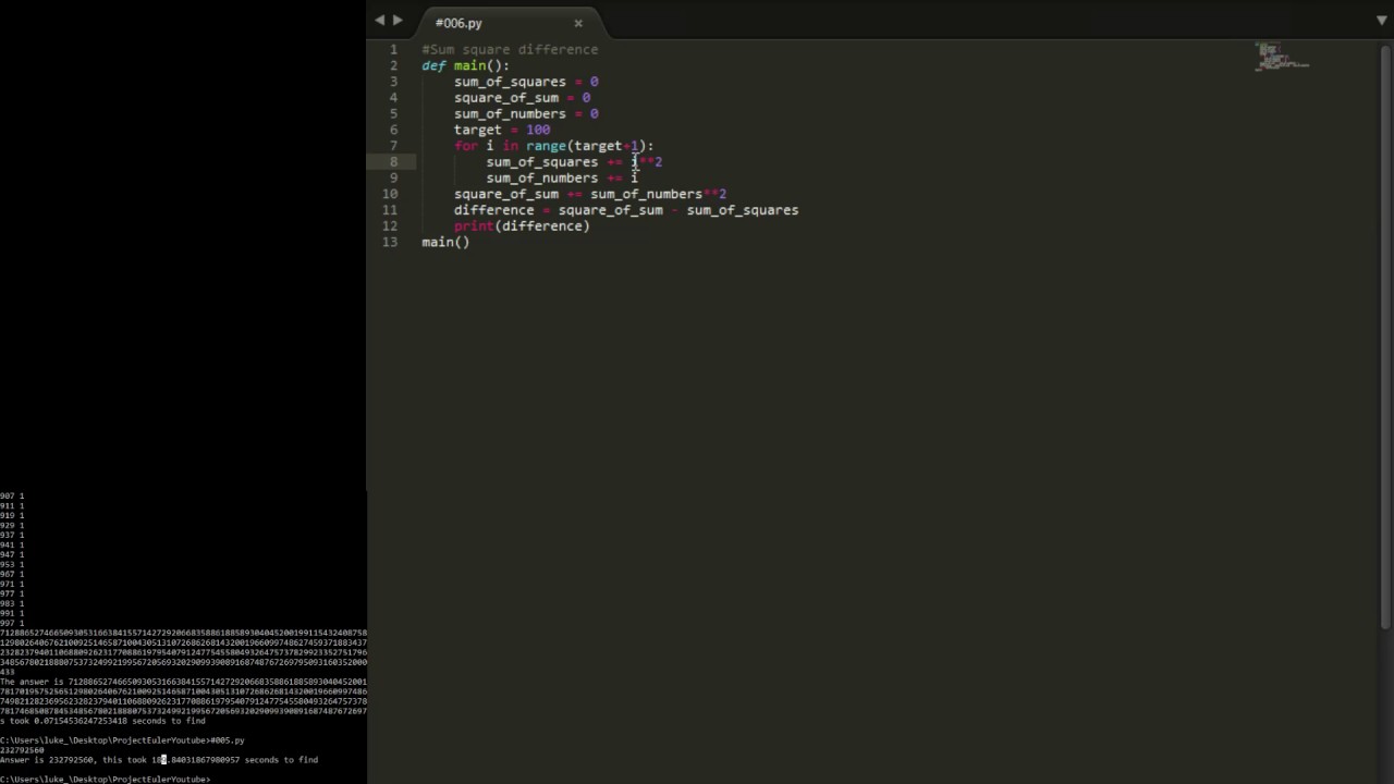 Python Beginner tutorial series using project Euler #6 - Sum Square Difference