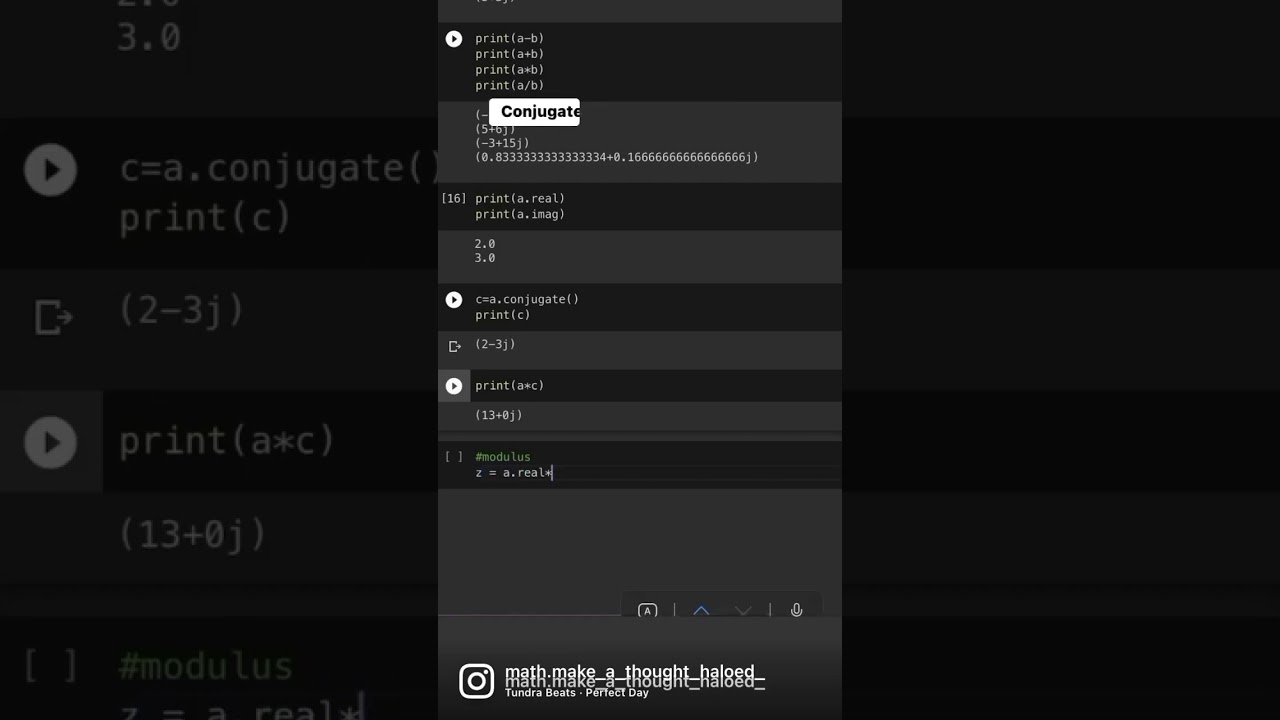 Python tutorial - conjugate and modulus of complex number.