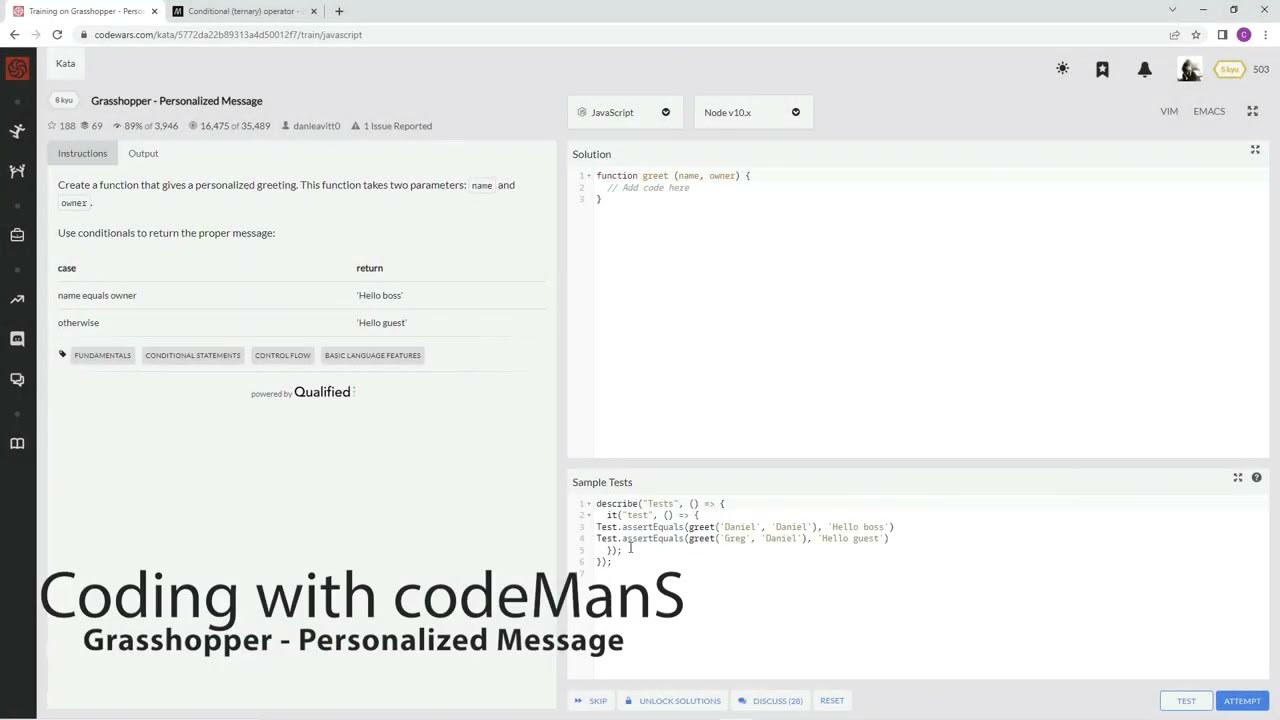 Codewars 8 kyu Grasshopper - Personalized Message JavaScript