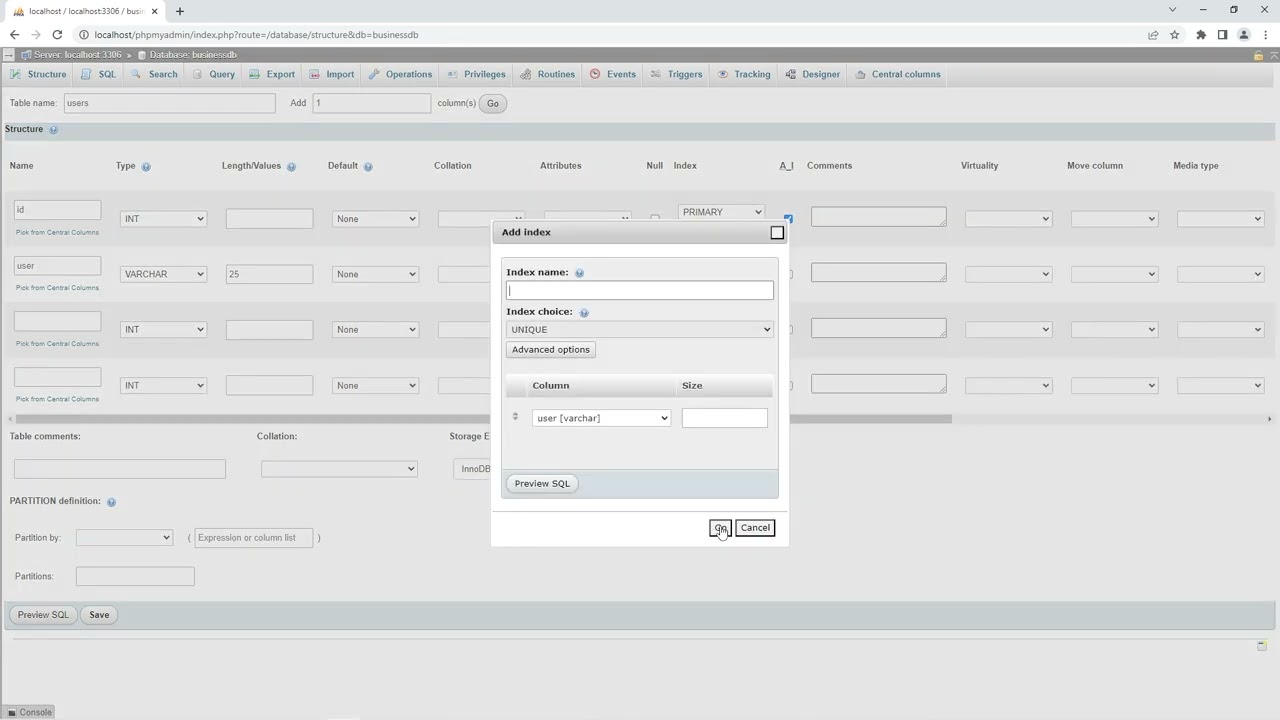 PHPMyAdmin create a table easy
