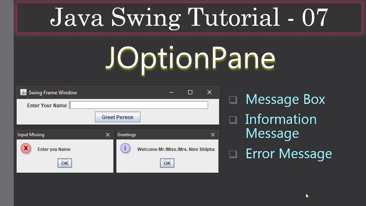 Display Message box using JOptionPane | Java Swing Tutorials #07