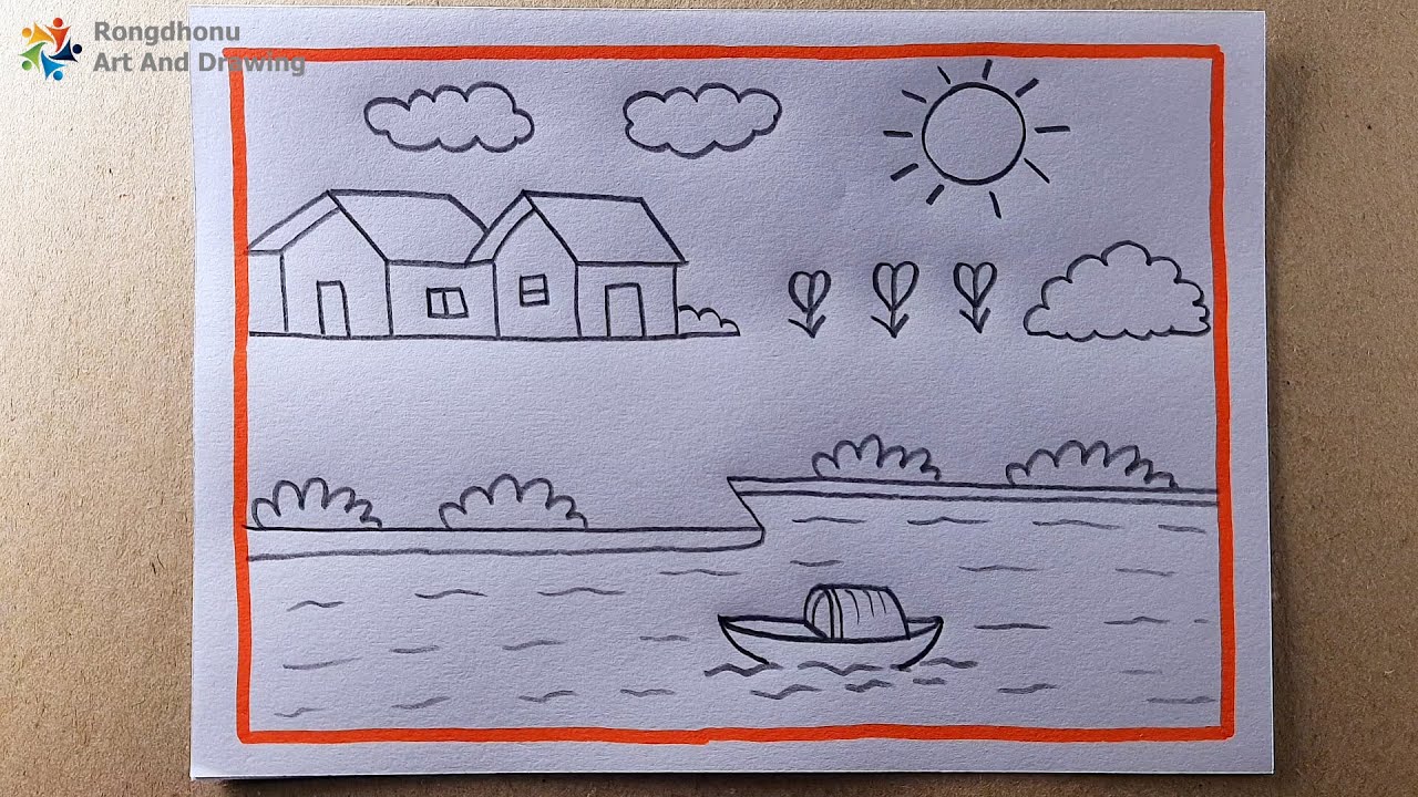 Drawing Beautiful Scenes for Young Children | Simple Scenery Drawing #rongdhonuartanddrawing
