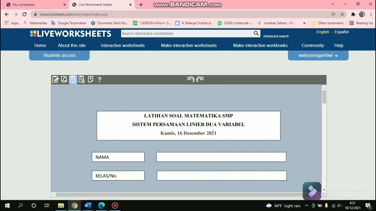 LKPD SPLDV - modul interaktif menggunakan Liveworksheet