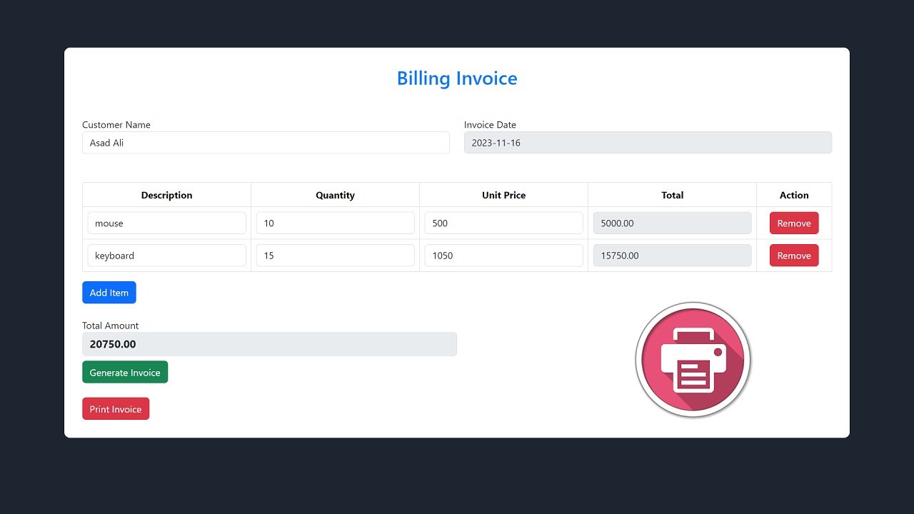 Billing Invoice System In JavaScript  - JavaScript Billing System Project