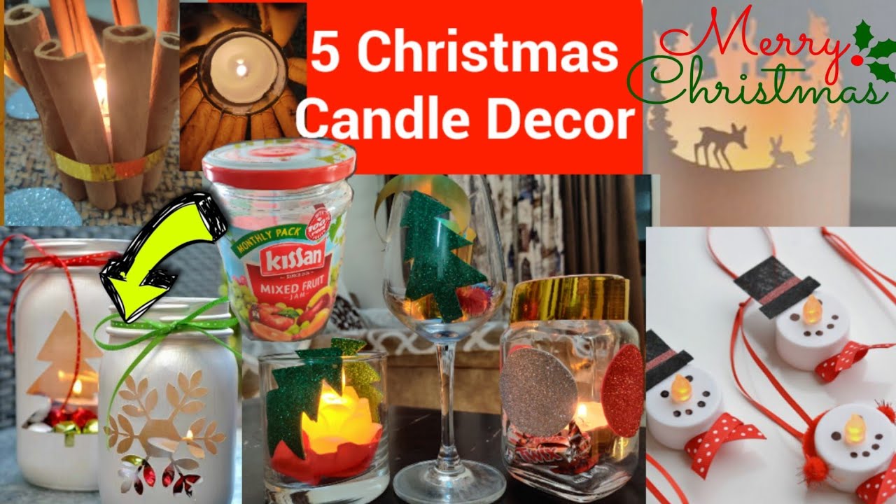 DIY Christmas Candle Decor | 5 Easy Candle decoration |Low budget Christmas craft ideas|Easy recycle