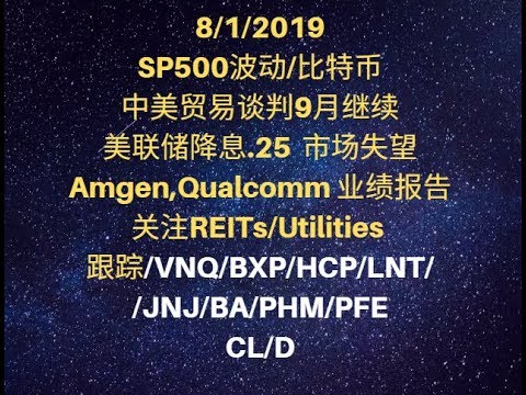 美股交易 8/1/2019 SP500波动/比特币。 中美谈判9月继续。 美联储降息市场失望。Amgen,Qualcomm 业绩报告