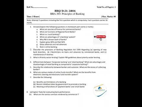 Principles of Banking BBA - 303 || Exam Question Papers 2022π