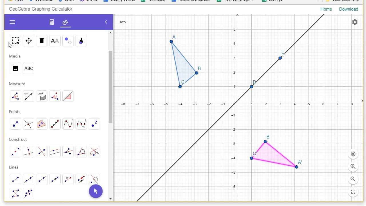 Reflection about diagonal lines with Geogebra
