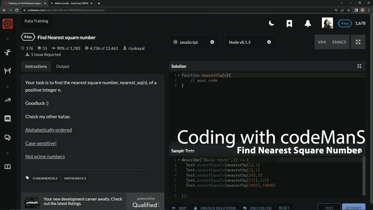 Codewars 8 kyu Find Nearest Square Number Javascript