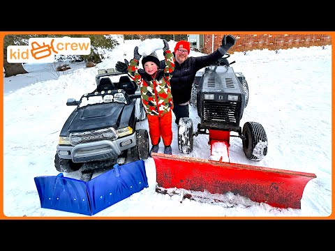 Plowing driveway with kids ride on truck and tractor. Educational how to make snow | Kid Crew