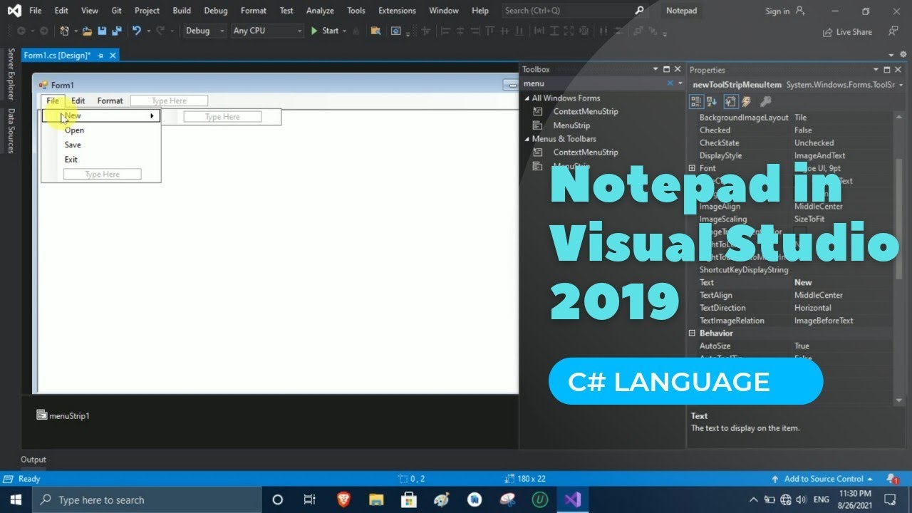 Notepad in Visual Studio 2019 | C# language |  . Net framework | Windows forms