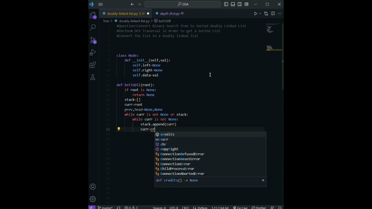 Binary Search Tree to a Sorted Doubly Linked List in Python