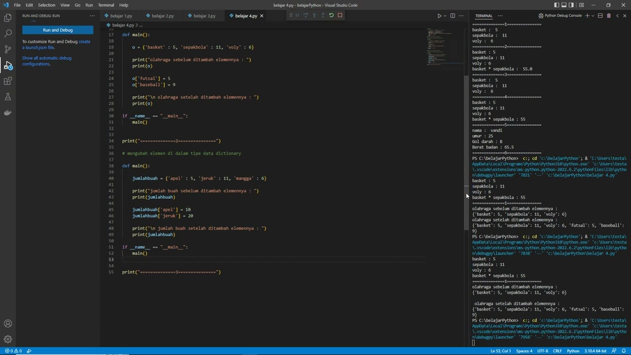4. Belajar python penggunaan tipe data dictionary ,menambah, mengubah menghapus